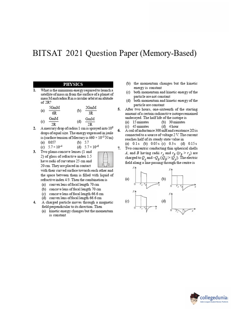 BITSAT 2021 Question Paper (Memory-Based) | PDF | Redox | Force BITSAT 2021 Question Paper (Memory-Based) | PDF | Redox | Force