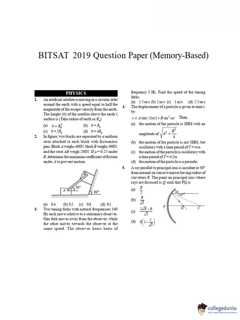 BITSAT 2019 Physics Questions | PDF | Quantity | Physical Phenomena