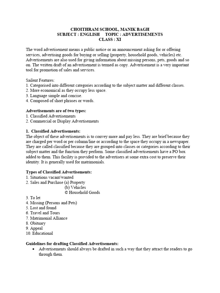 Advertisements Class Xi Handout | PDF | Advertising