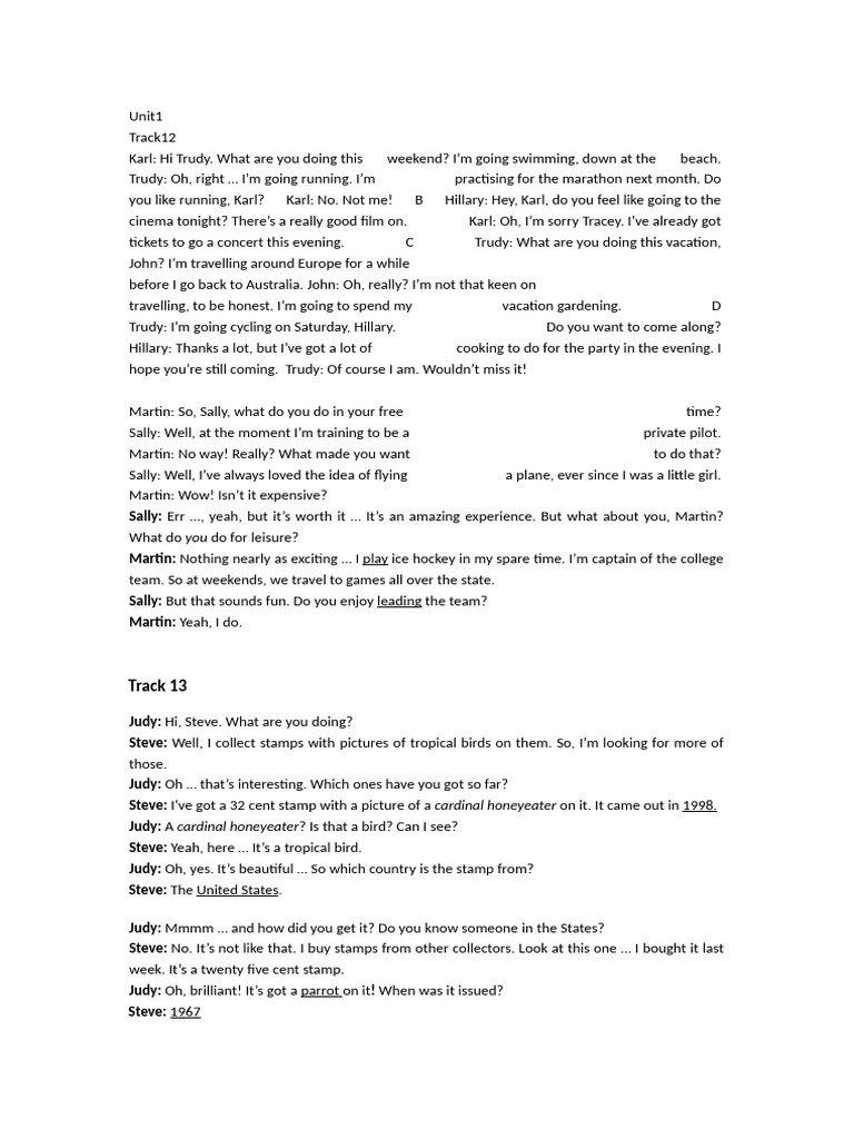 U1 workbook听力稿 | PDF