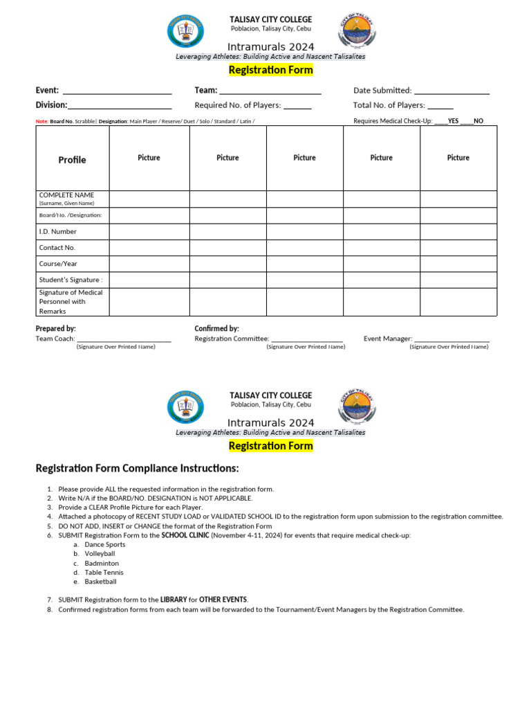Official Registration Form For Intramurals 2024 - Registration ...