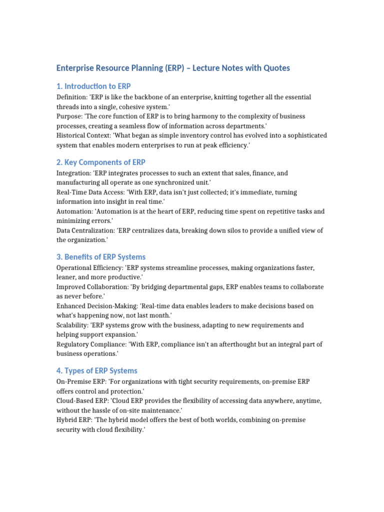 ERP Lecture Notes and Key Insights | PDF | Enterprise Resource Planning ...