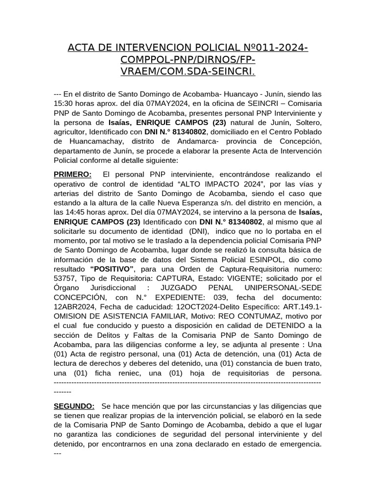 Acta de Intervencion Policial Nº011 Caso Rq. | PDF | Documento de identidad | Justicia