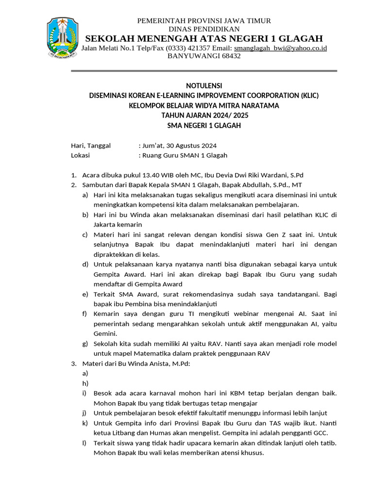 Diseminasi KLIC di SMAN 1 Glagah | PDF