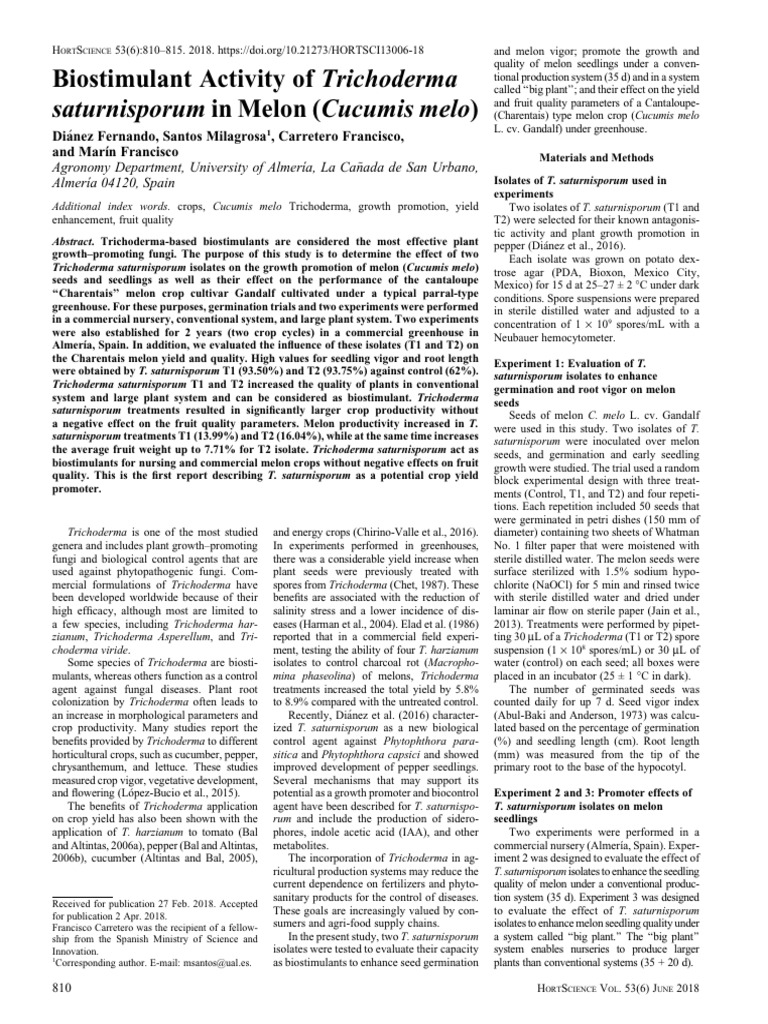 Biostimulant Activity of Trichoderma Saturnisporum in Melon (Cucumis ...