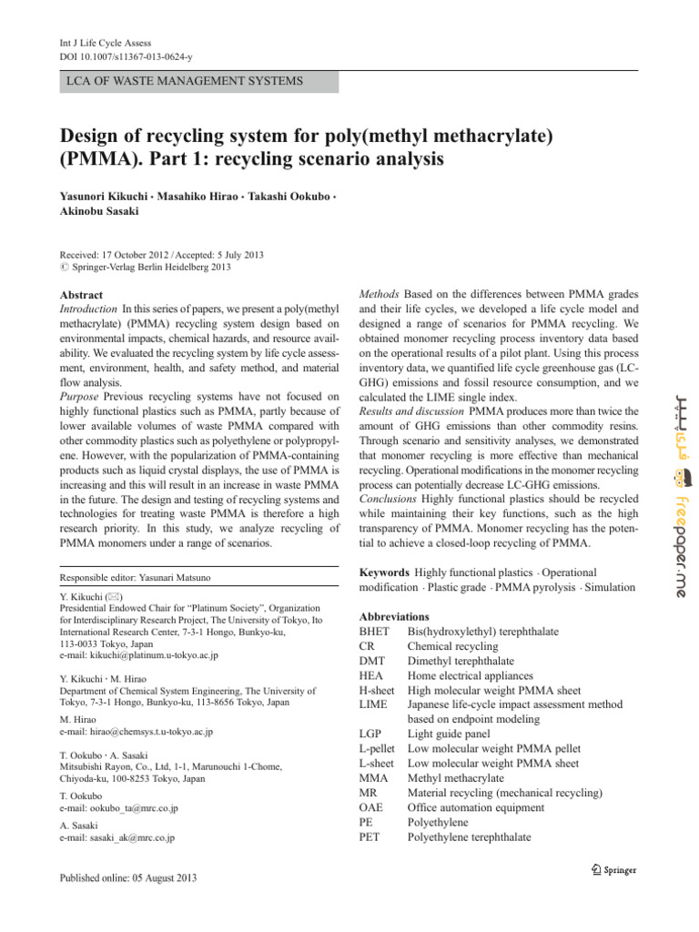 PMMA Recycling System Design Analysis | PDF | Recycling | Life Cycle ...
