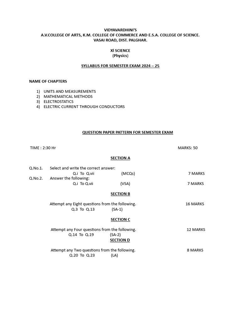 XI Question Paper Pattern and Syllabus | PDF | Teaching Methods ...