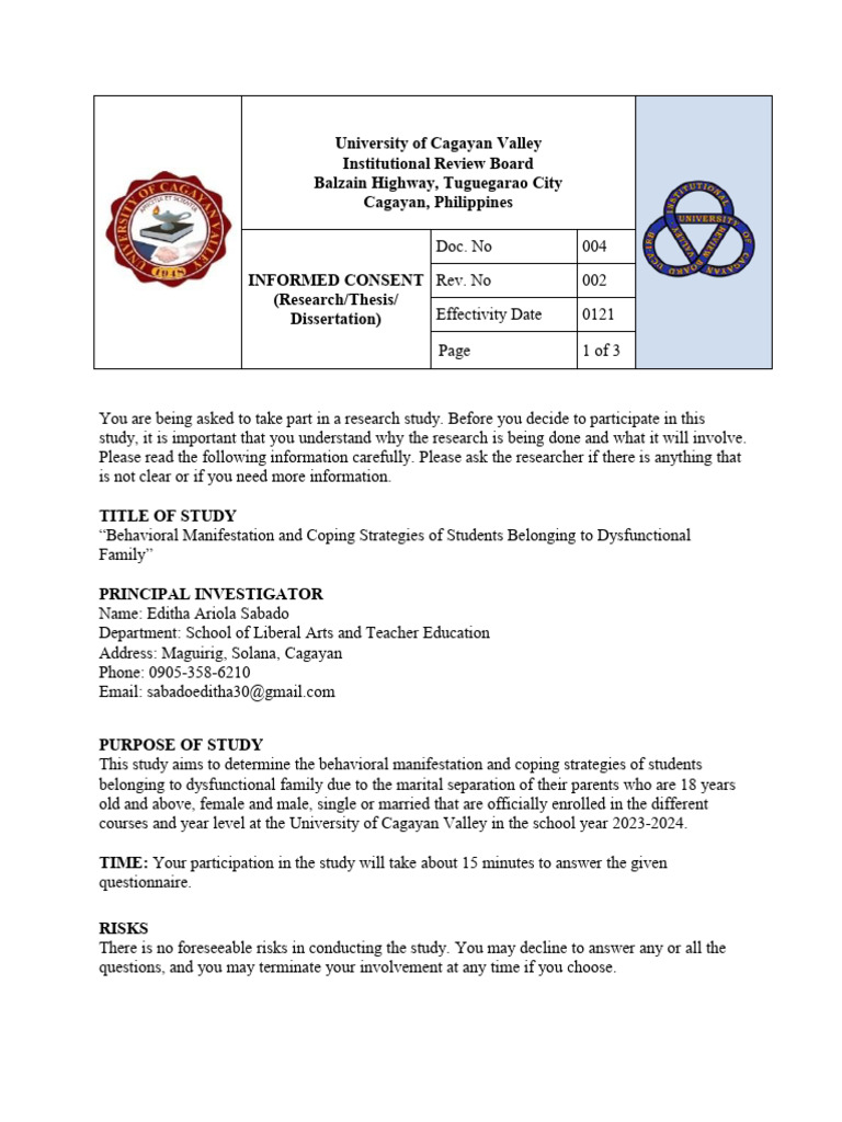 Irb Form 004 v2 Inf Ormed Consent Form Final Revised | PDF | Consent ...