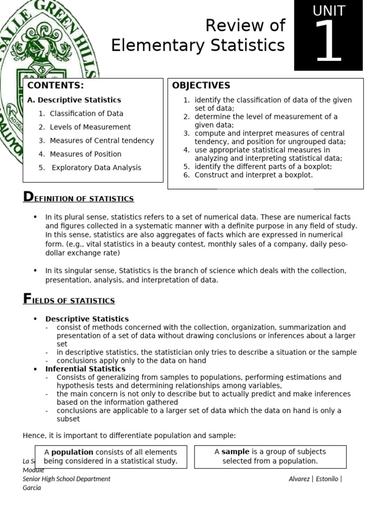 Module 1A - Review of Elementary Statistics | PDF | Statistics | Level ...