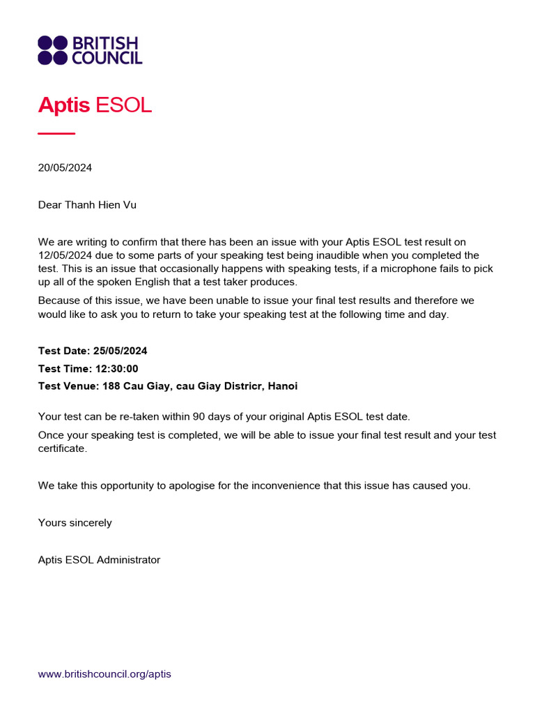 Aptis_ESOL_Invitation letters for Re-take TTs - Thanh Hien Vu 0176366 | PDF