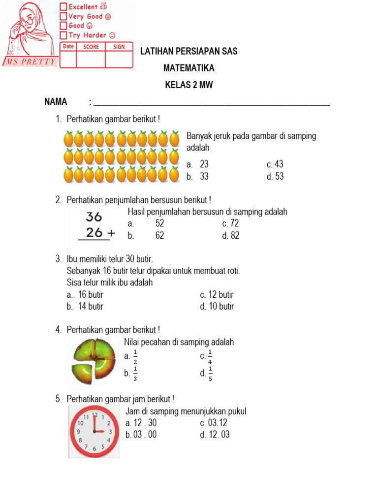 2 Rangkap Latihan Persiapan Sas Matematika Kelas 2 MW | PDF