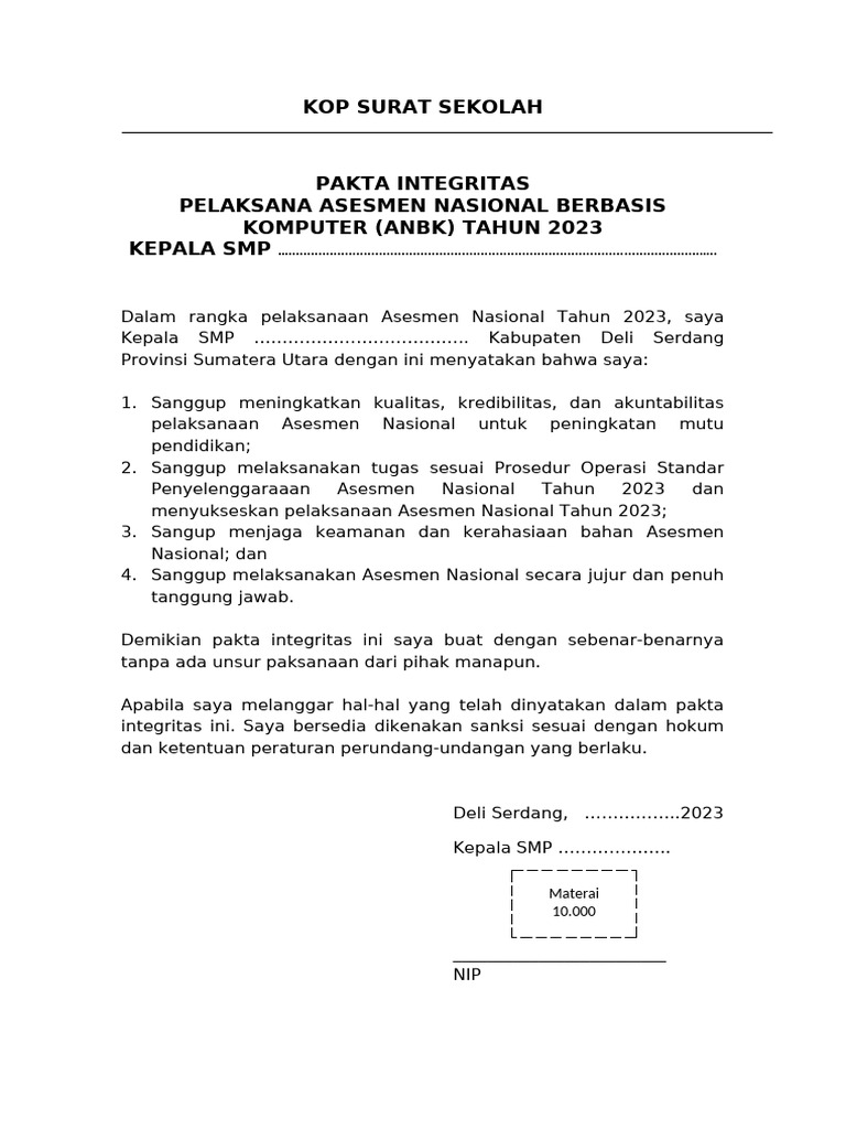 Format Pakta Integritas Kepala Sekolah Pada Pelaksanaan Anbk 2023 | PDF