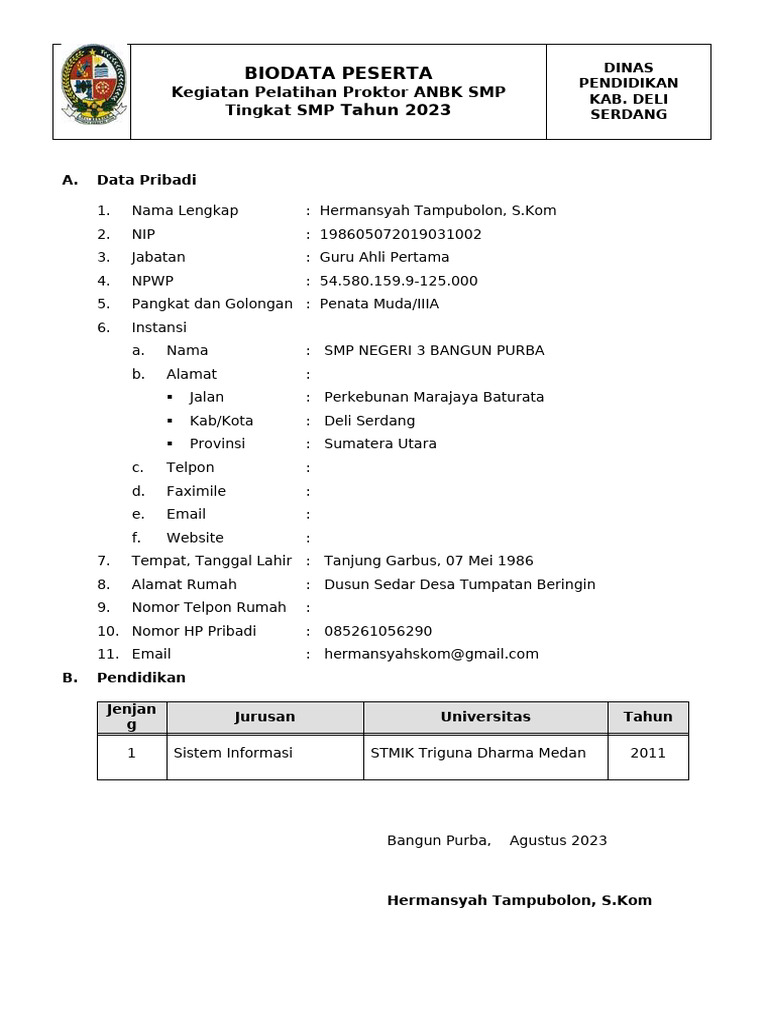 Biodata Pelatihan Proktor | PDF