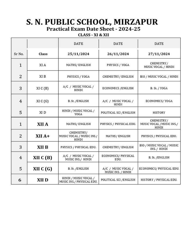 Home Practical Exam Date Sheet Class - Xi & Xii | PDF | Foreign Language Studies | Science ...