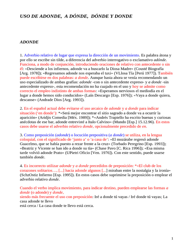 Uso de Adonde 1 | PDF | Adverbio | Unidades Semánticas