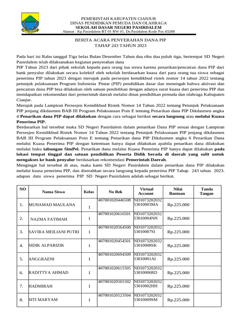 Ba Dan SK Tim Pip SD | PDF