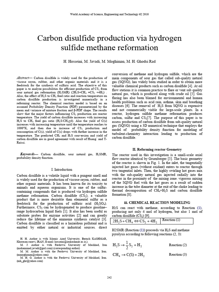 cs2 Production Via Hydrogen Sulfide | PDF | Methane | Chemical Reactions
