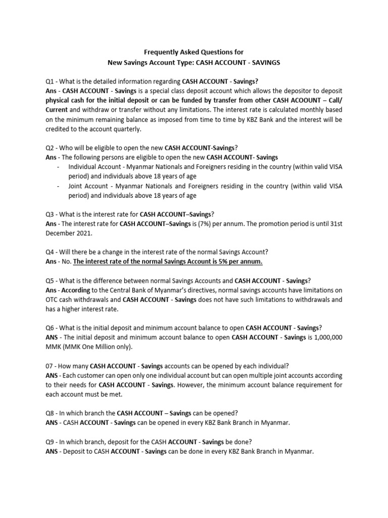 FAQs For CASH Accounts Saving Eng | PDF | Savings Account | Interest