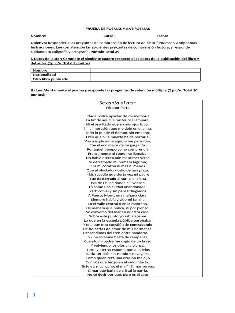 Prueba de Poemas y Antipoemas | PDF