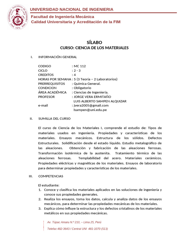 Silabo MC112 - Ciencia de Los Materiales | PDF | Aleación | Tratamiento a base de calor
