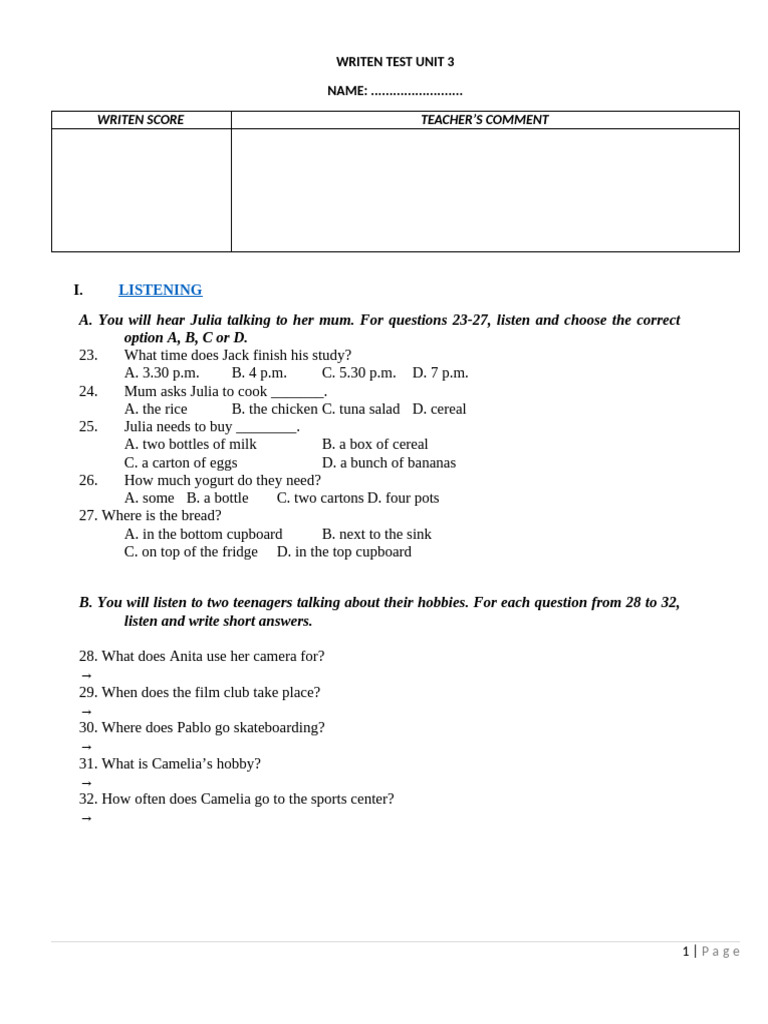 Unit 3 My Final Test | PDF | Performing Arts