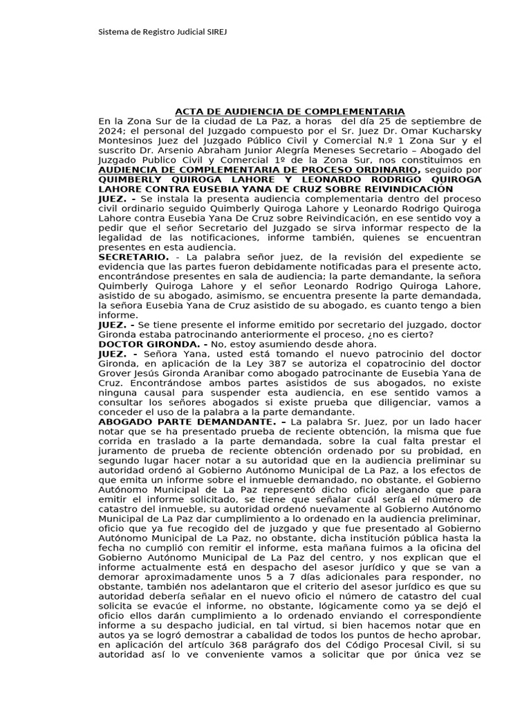 Acta de Audiencia de Complementaria de Proceso Ordinario Quiroga Yana | PDF | Sentencia (ley ...
