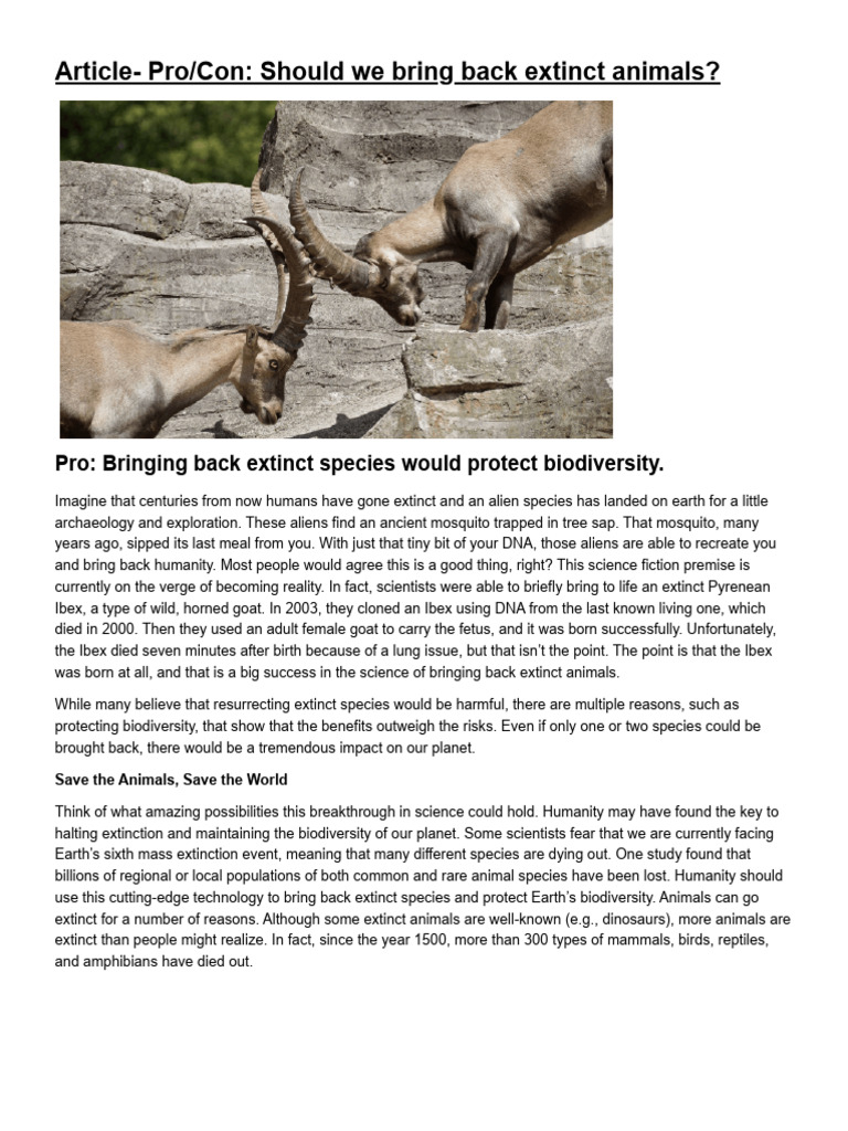 Article - Pro - Con - Should We Bring Back Extinct Animals | PDF ...