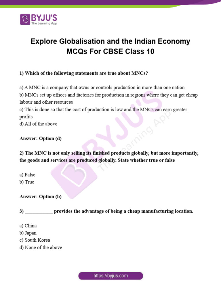 Globalisation and The Indian Economy MCQ | PDF | Multinational ...