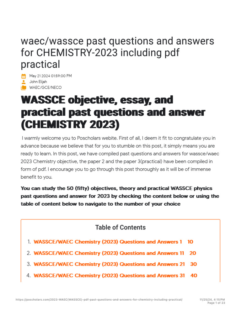 Waec-Wassce Past Questions and Answers For CHEMISTRY-2023 Including PDF ...