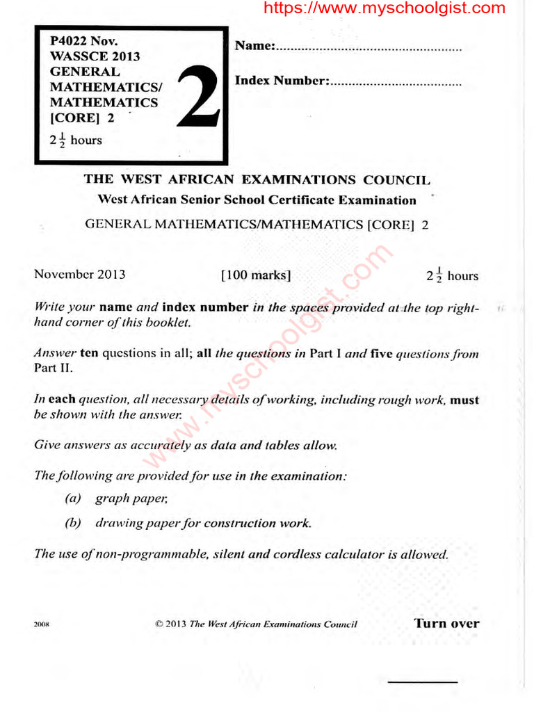 Wassce 2013 Math Core 2 | PDF | Social Science | Lifestyle