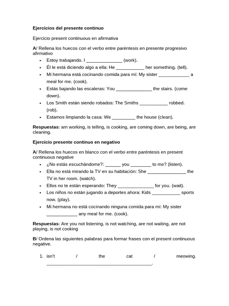 Ejercicios Del Presente Continuo | PDF
