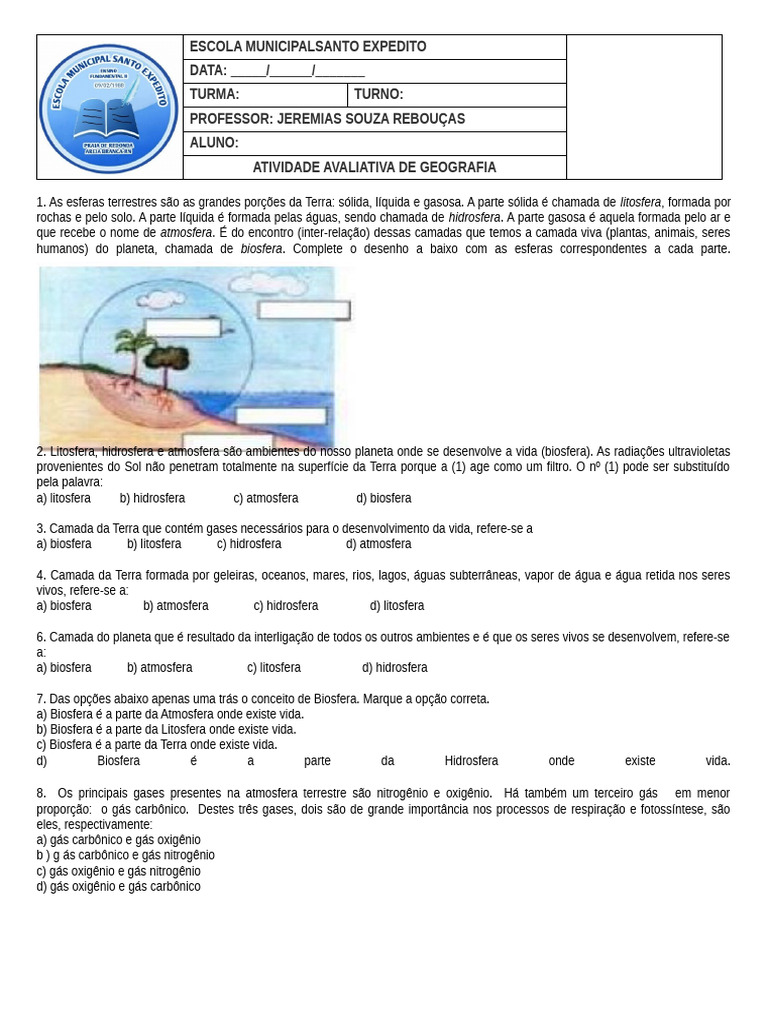 Atividade Avaliativa de Geografia: Esferas Terrestres | PDF | Terra ...