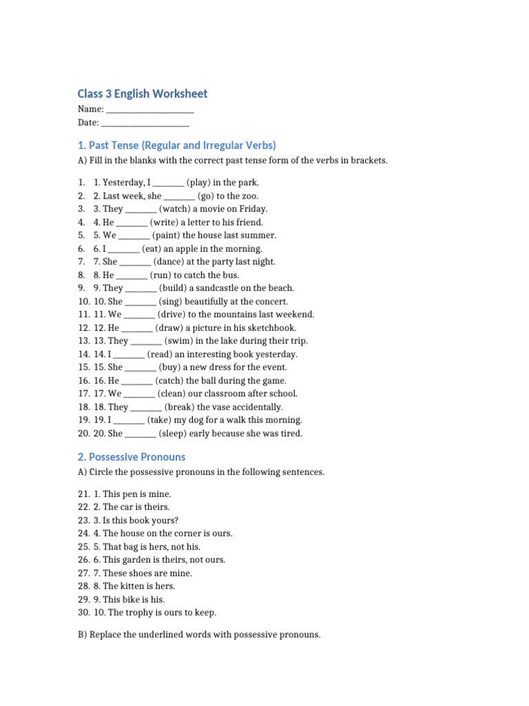 Corrected Class 3 English Worksheet | PDF | Linguistics | Grammar