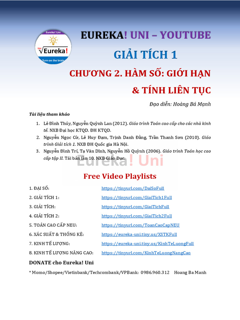 Eureka Uni - Giải tích 1 Ch2 - Hàm số - Giới hạn & tính liên tục Full dạng-đã mở khóa | PDF
