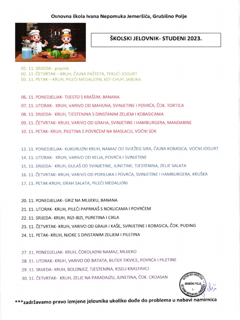 Jelovnik Za Studeni 2023. | PDF