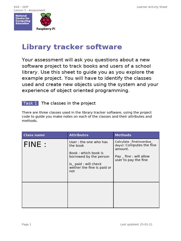 A1 Worksheet - Library Tracker Software | PDF | Library (Computing) | Object Oriented Programming