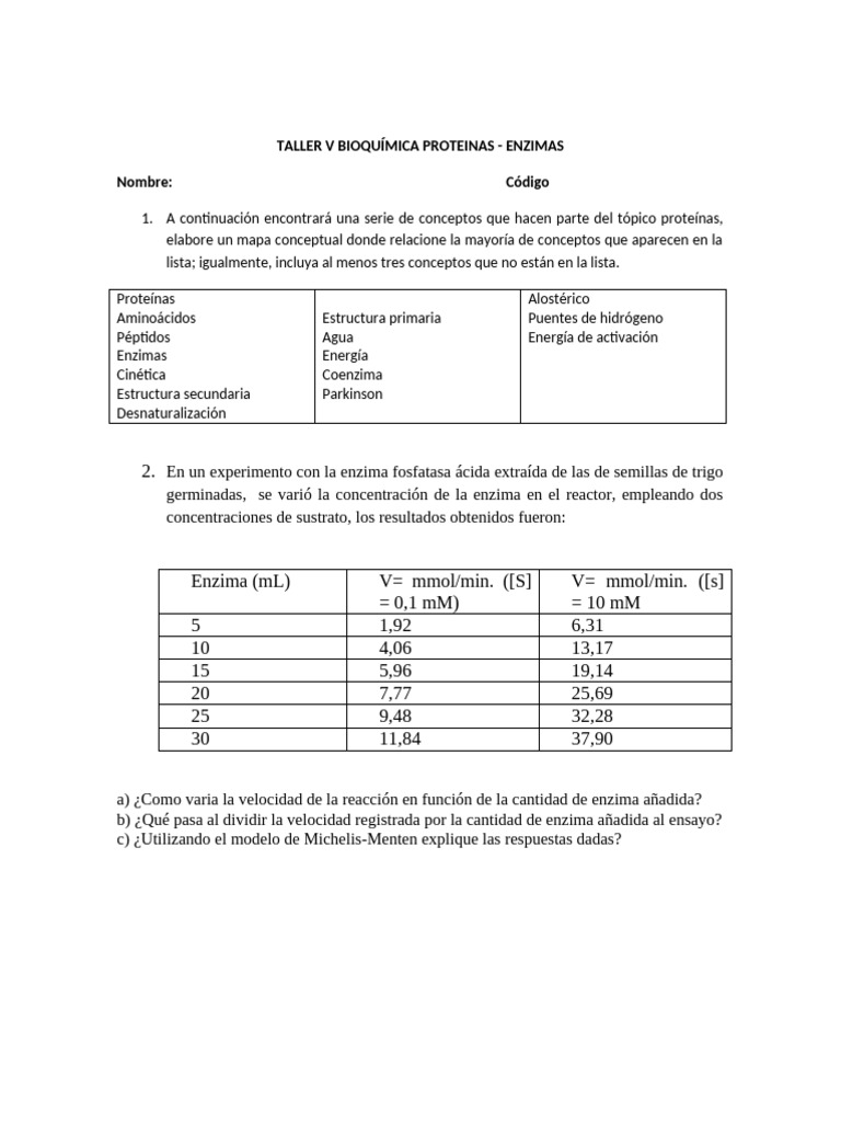 Taller V Individual Preparcial Enzimas-Proteinas | PDF | Enzima | Proteínas