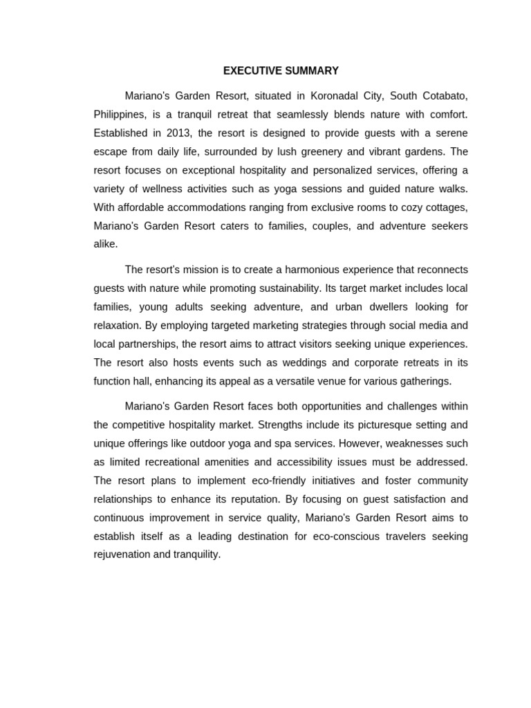 EXECUTIVE SUMMARY Mam Mandapat | PDF | Resort | Marketing