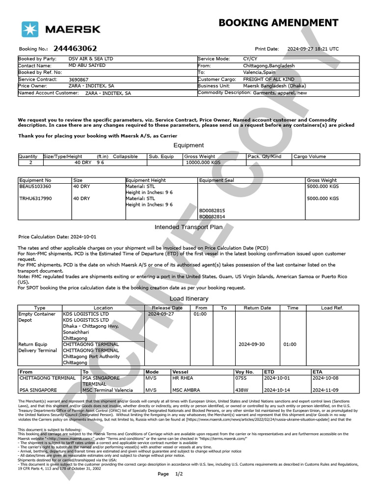 BookingConfirmation | PDF | Cargo | Freight Transport
