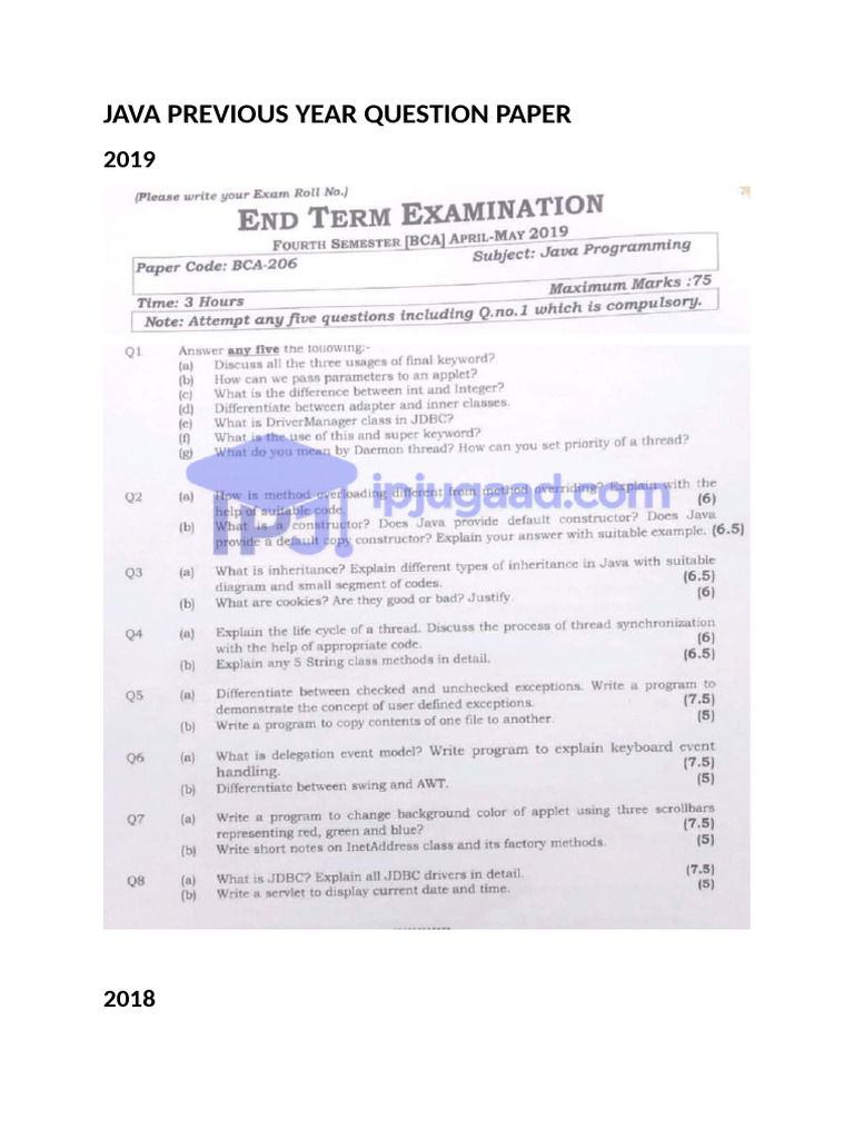 Java Previous Year Question Paper | PDF