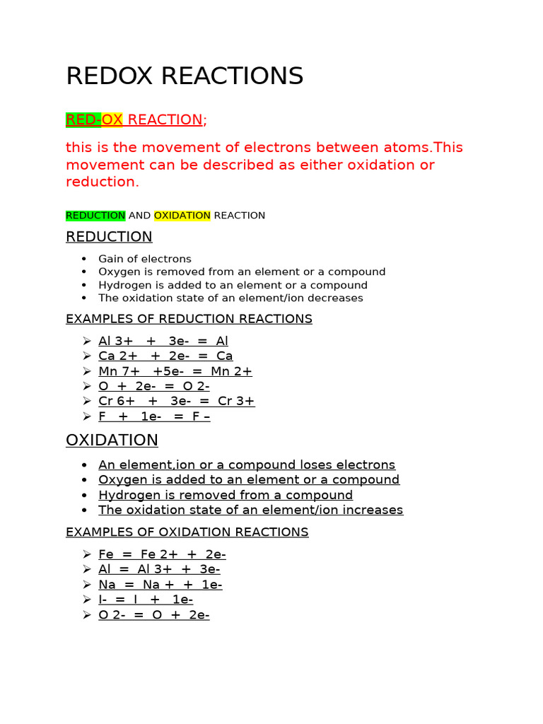 Redox Reactions | PDF | Science & Mathematics | Technology & Engineering