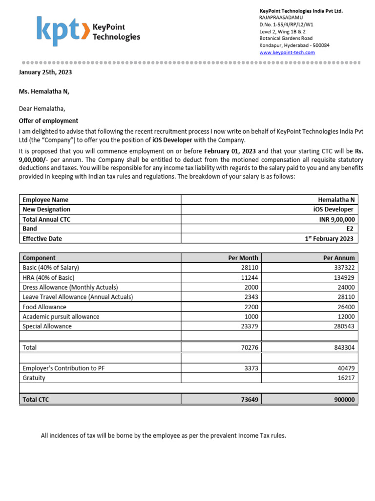 KeyPoint Technologies India Pvt Ltd_Offer Letter_Hemalatha | PDF ...