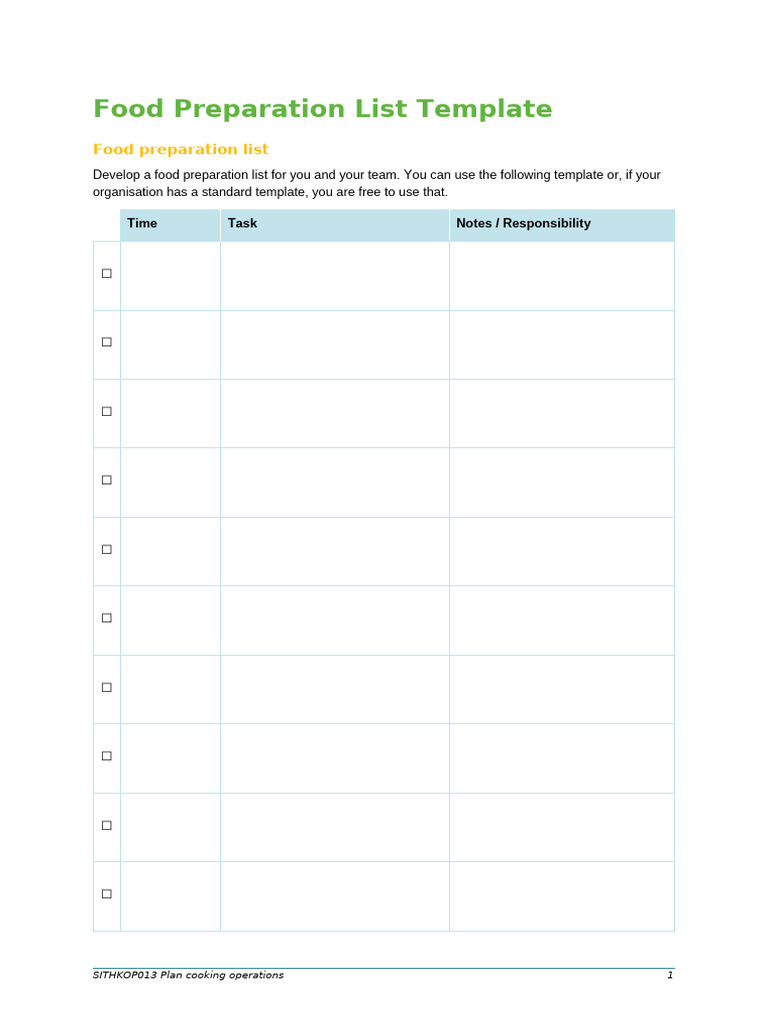 SITHKOP013 Food Preparation List Template | PDF