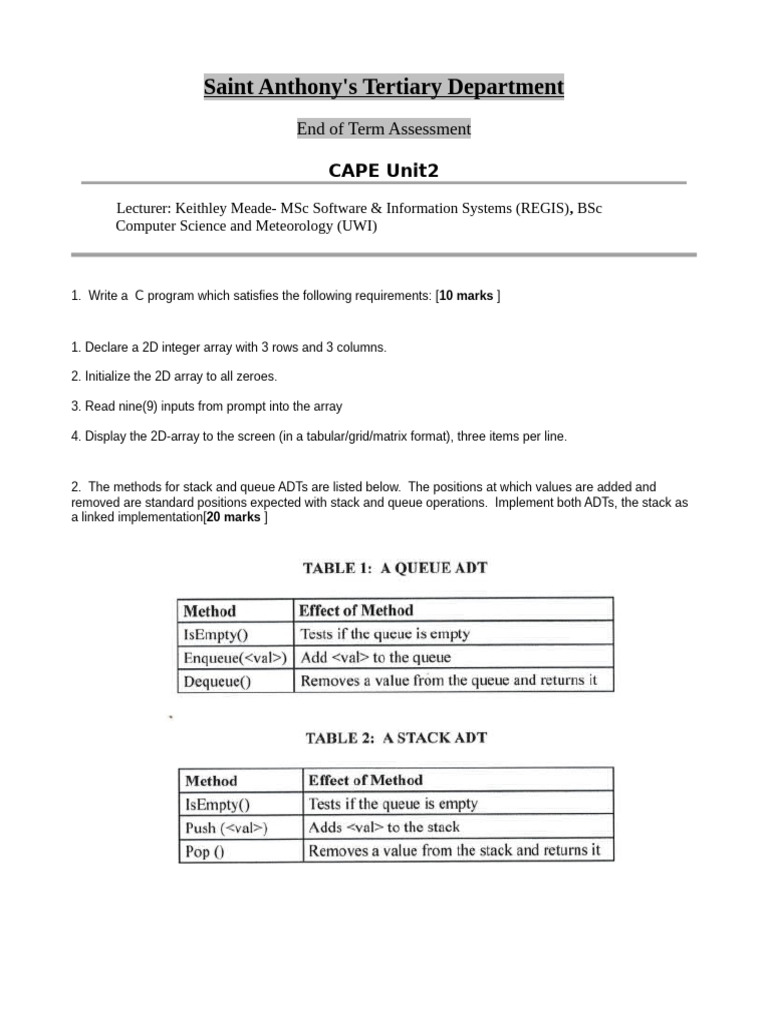 CAPE Unit 2 Programming Tasks | PDF