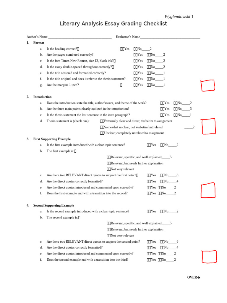 Literary Analysis Essay Grading Checklist: Wyglendowski | PDF | Essays ...