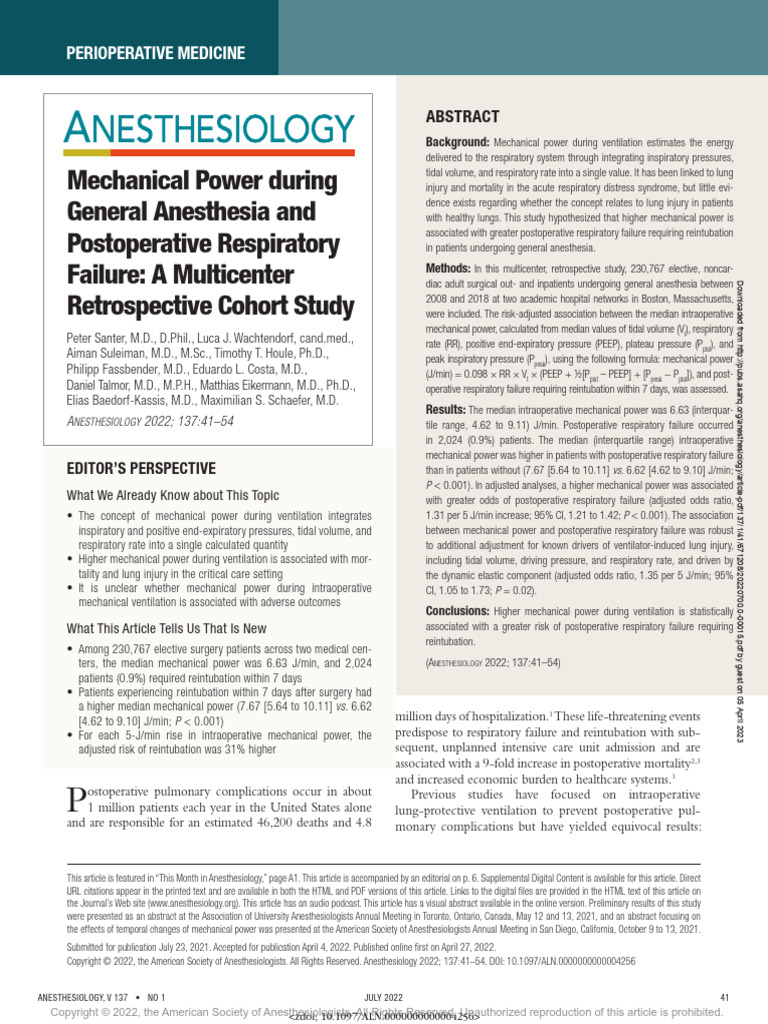 Mechanical Power Durng General Anesthesia and Postoperative Respiratory ...