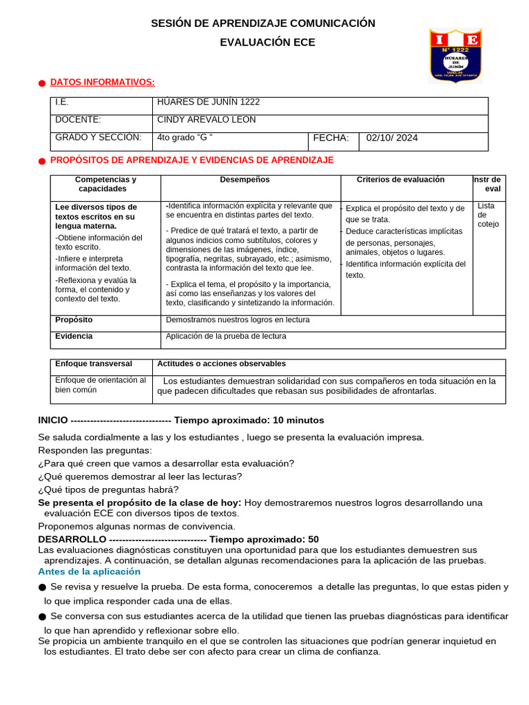 18 09 24 Evaluación ECE | PDF | Evaluación | Aprendizaje