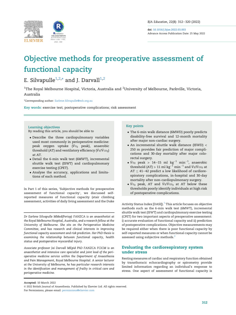 Objective Methods For Preoperative Assessment of Functional Capacity ...