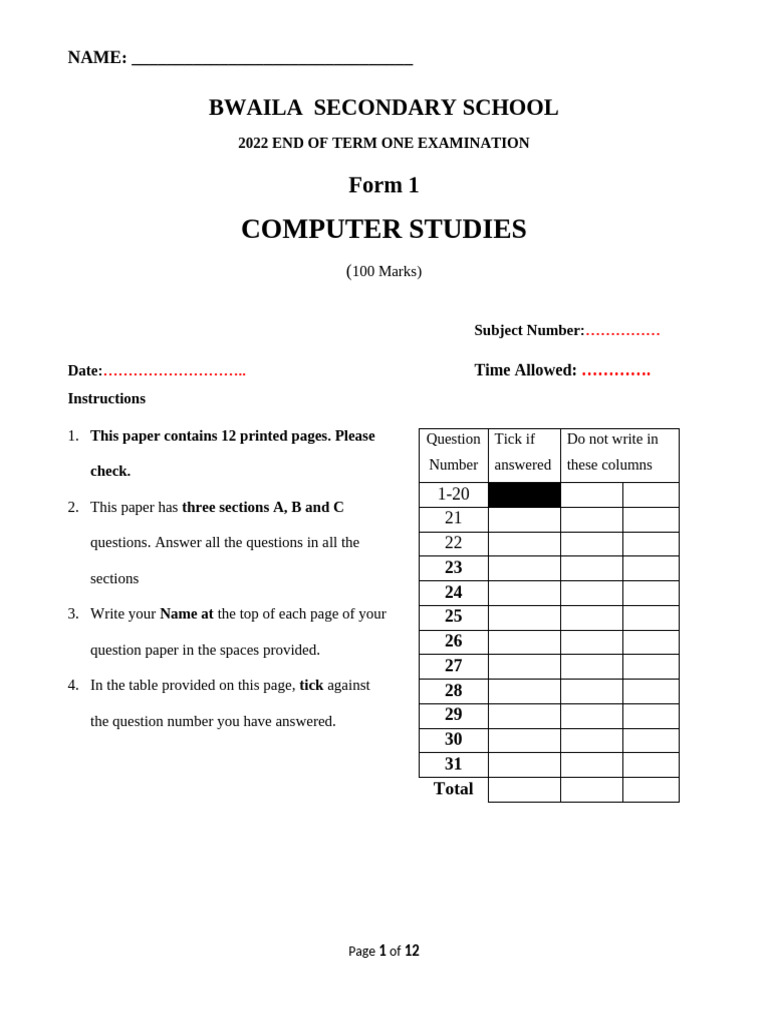 Bwaila Form 1 Computer | PDF | Bit | Input/Output