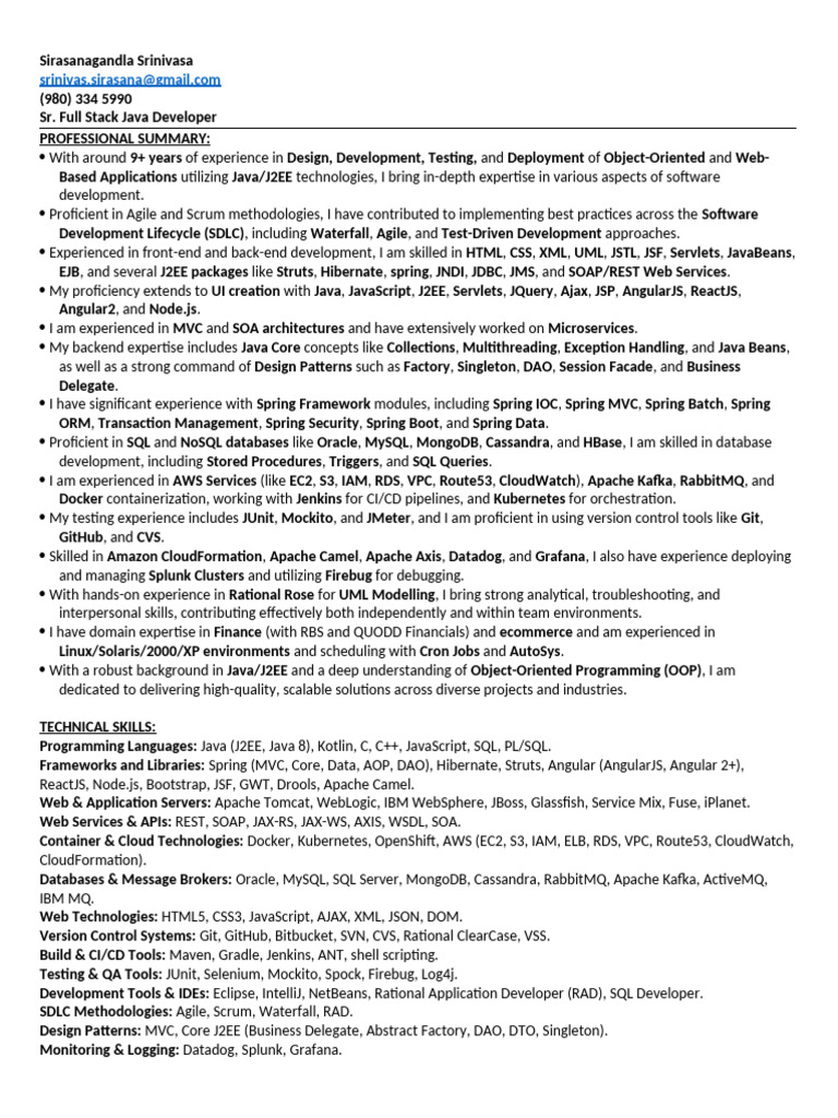 Sirasanagandla Srinivasa (Sr. Full Stack Java Developer) | PDF | Spring Framework | Web Service